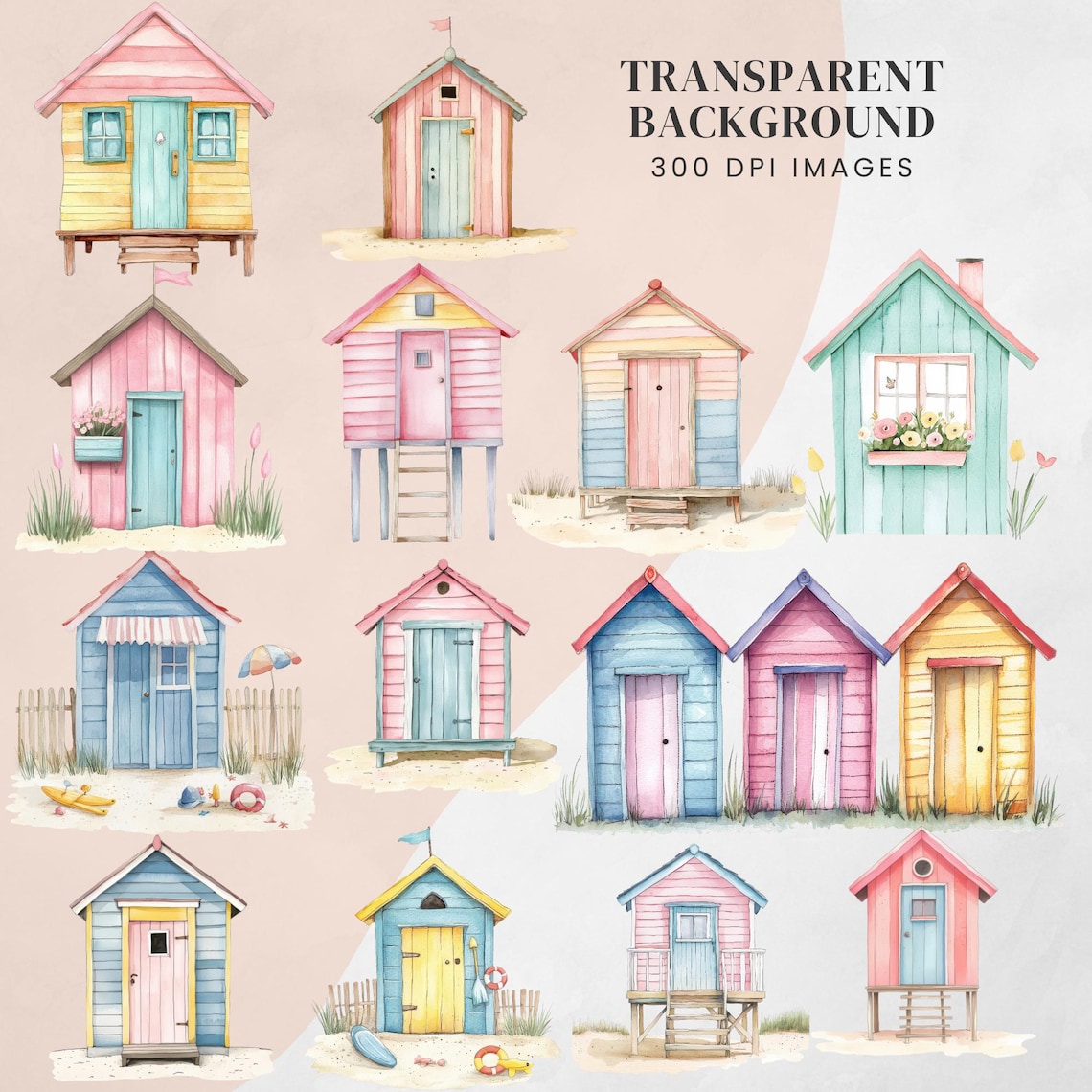Beach Hut Clipart, Watercolour Images, Seaside Beach Huts, 300 DPI ...