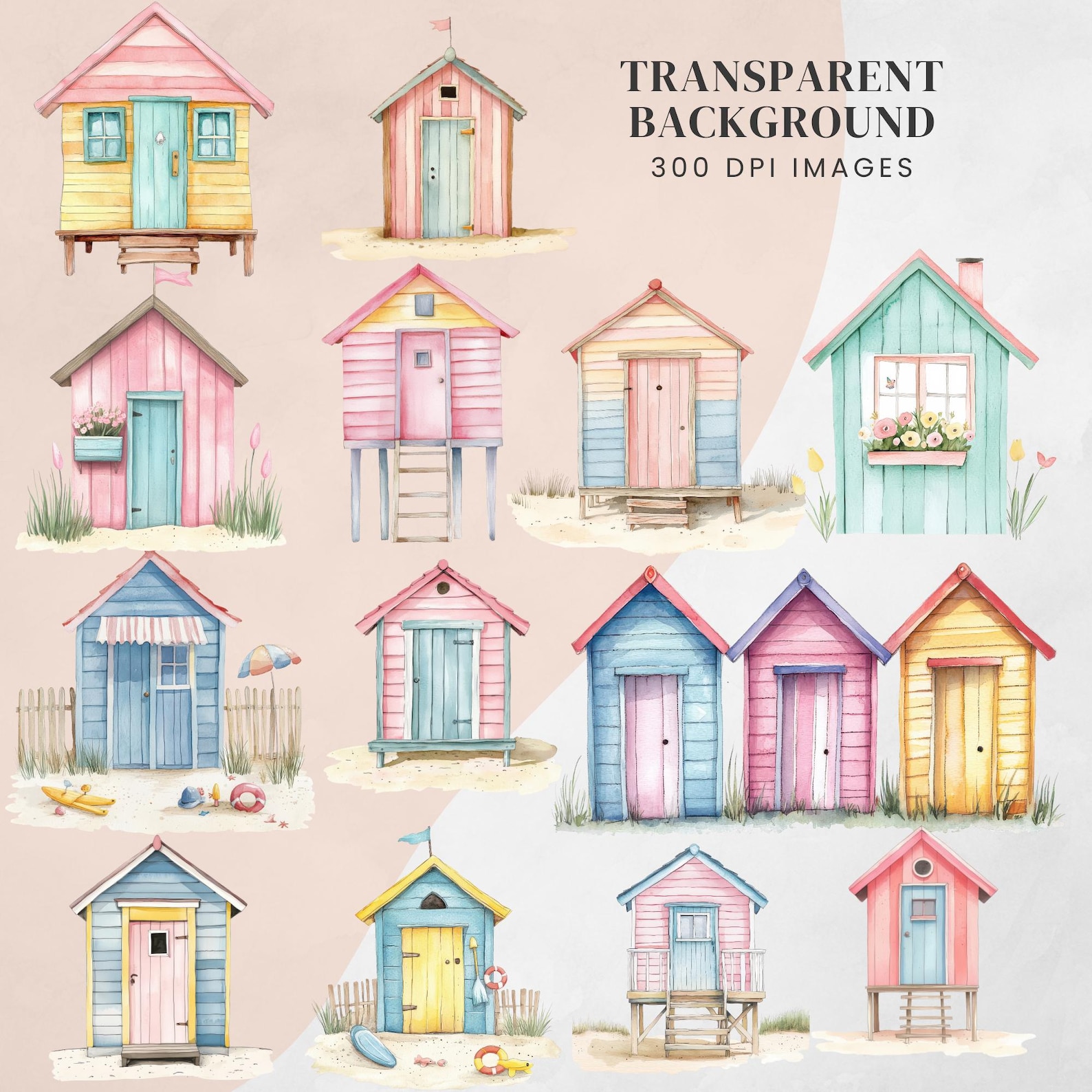 Beach Hut Clipart, Watercolour Images, Seaside Beach Huts, 300 DPI ...