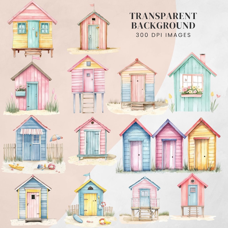 Beach Hut Clipart, Watercolour Images, Seaside Beach Huts, 300 DPI ...