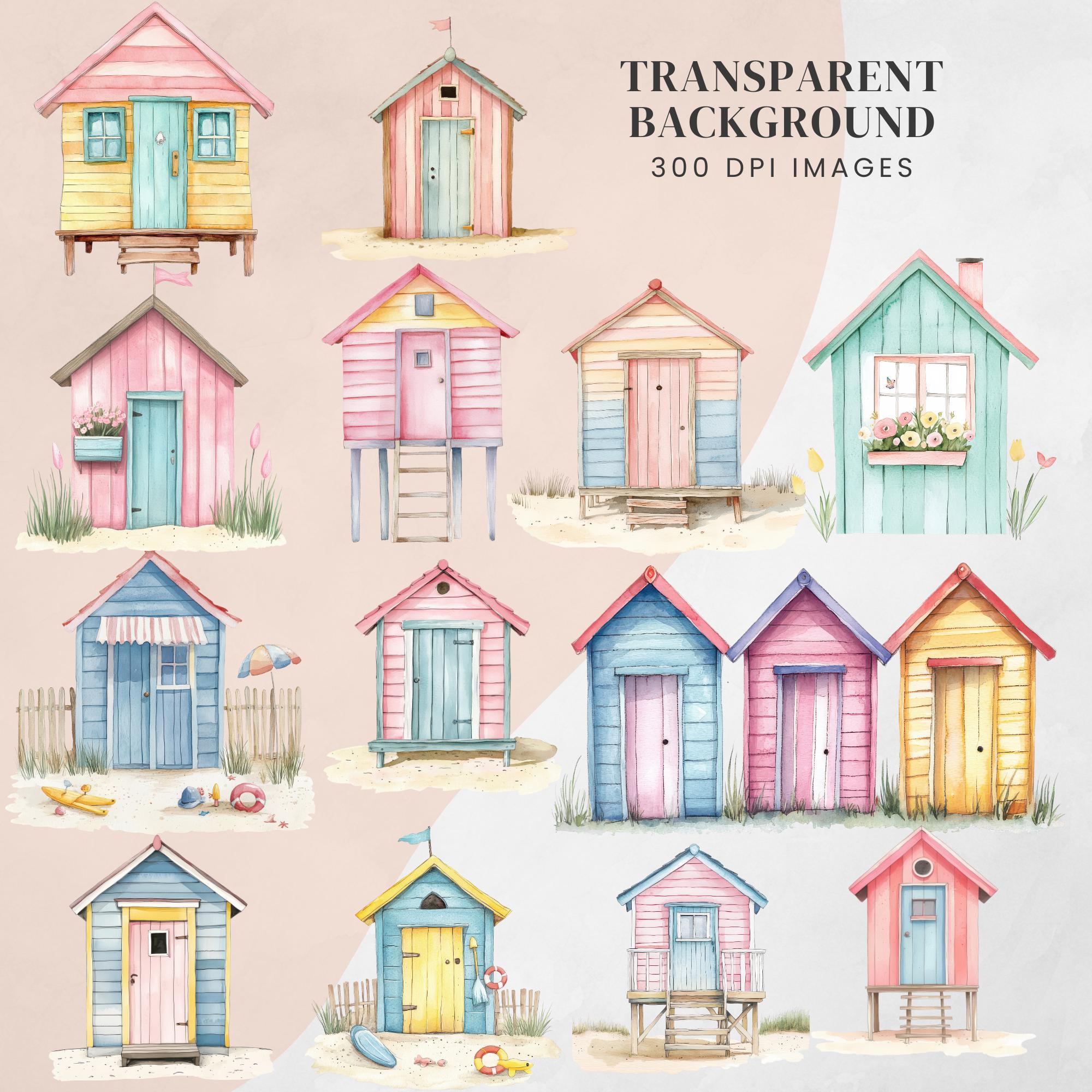 Beach Hut Clipart, Watercolour Images, Seaside Beach Huts, 300 DPI ...