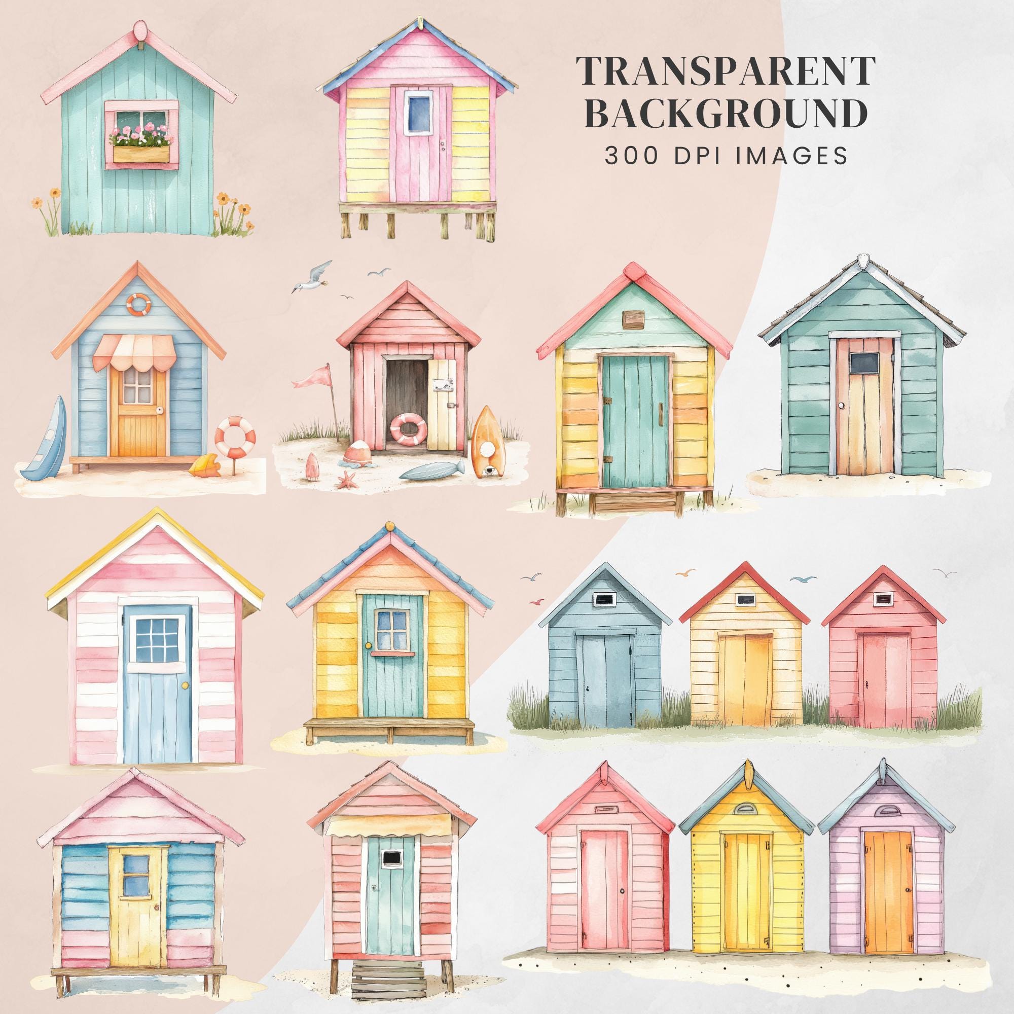 Beach Hut Clipart, Watercolour Images, Seaside Beach Huts, 300 DPI ...