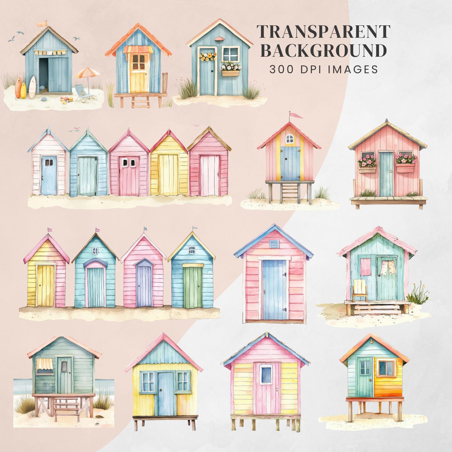 Beach Hut Clipart, Watercolour Images, Seaside Beach Huts, 300 DPI ...