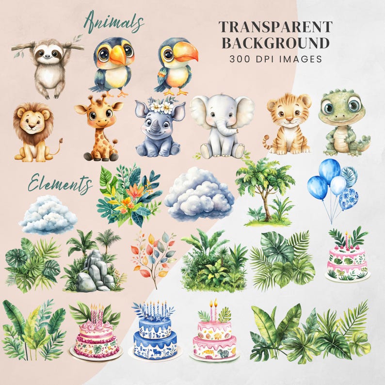 Jungle Animals Clipart: Watercolour Safari Nursery Art (PNG Digital ...