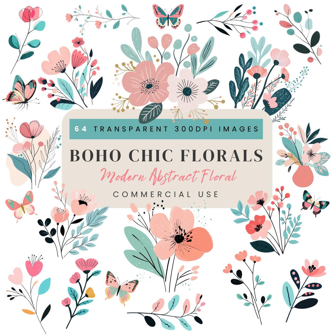 Boho Floral Clipart: Pastel Abstract Flowers (PNG Digital Download) - Etsy