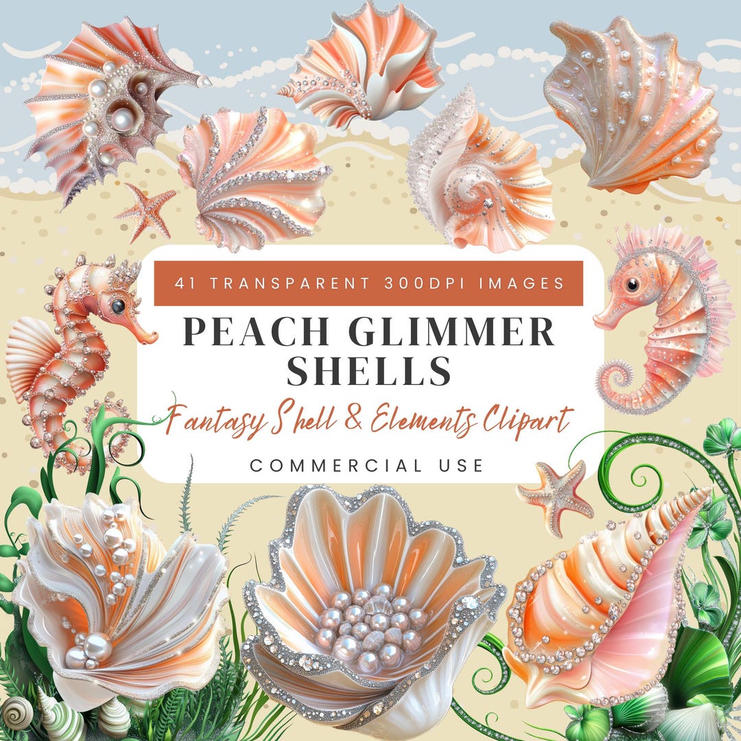Seashell Clipart, Peach Sparkle Shells, Pearls, Sea Life, Plants, 300 ...