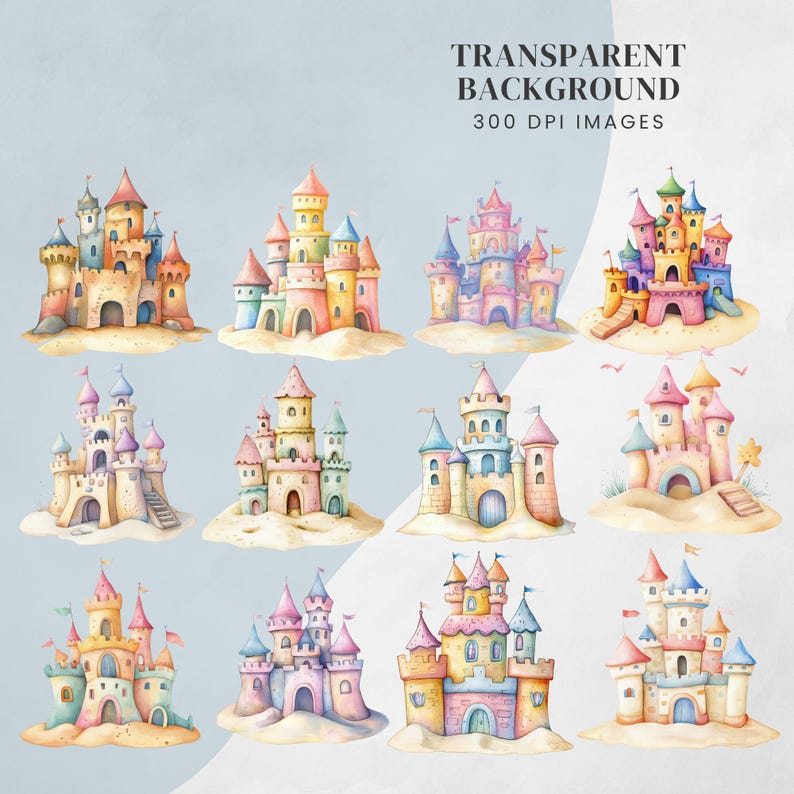 Watercolor Castle Clipart: Fairytale PNG Bundle for Scrapbooking ...