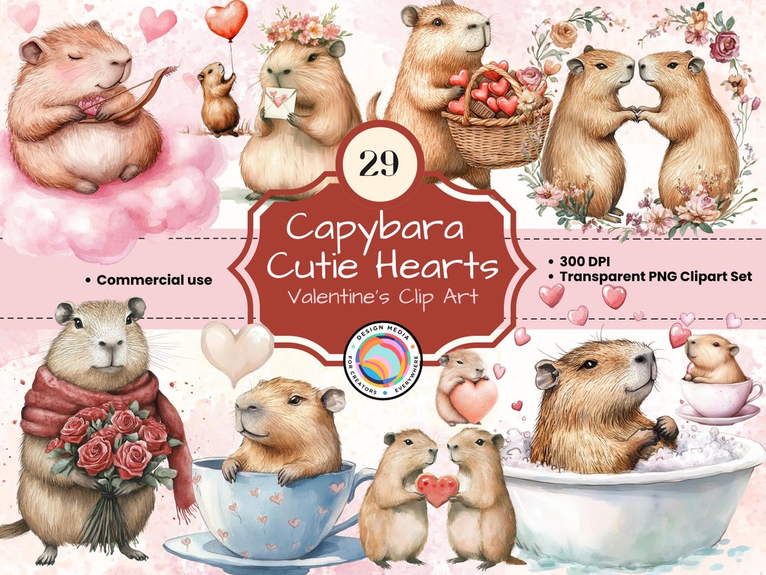 Capybara Valentine Clip Art Set, Cutie Hearts, Cute, Whimsical ...