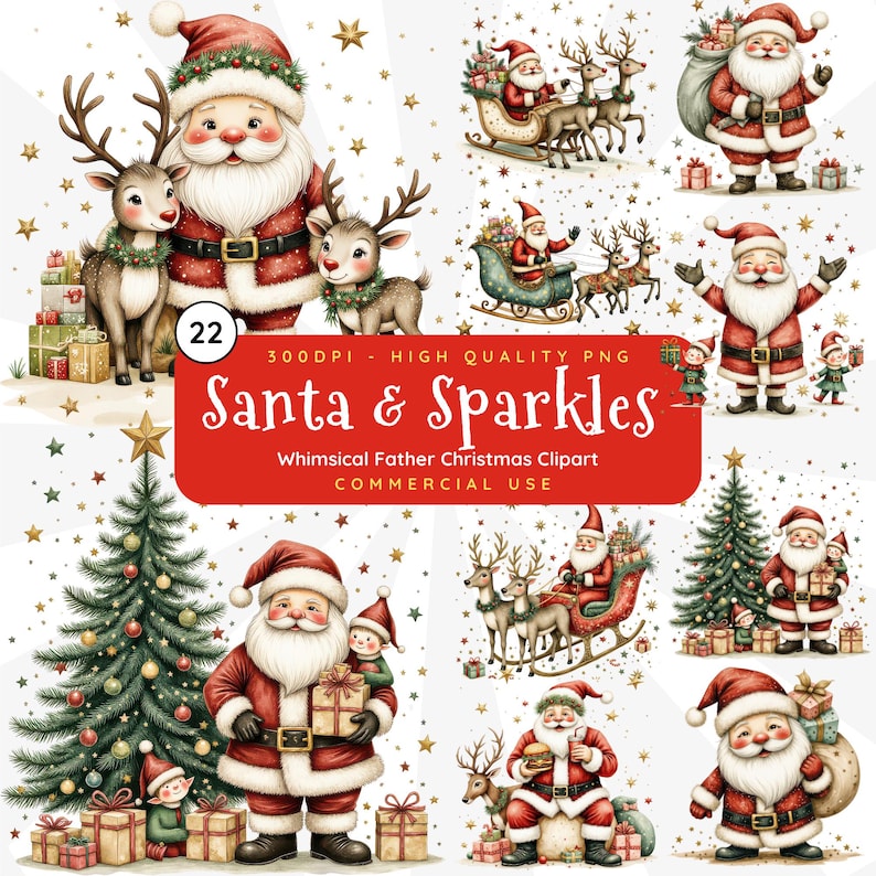 Santa Claus Clipart: Watercolour Pastel Father Christmas Elves ...