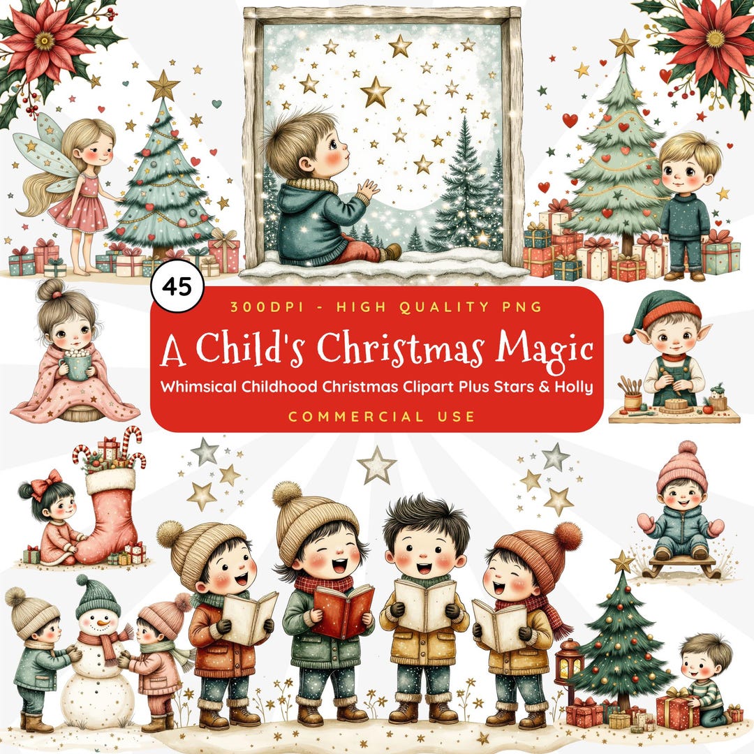 Christmas Children Clipart: Whimsical Xmas Kids PNG Bundle, Christmas ...