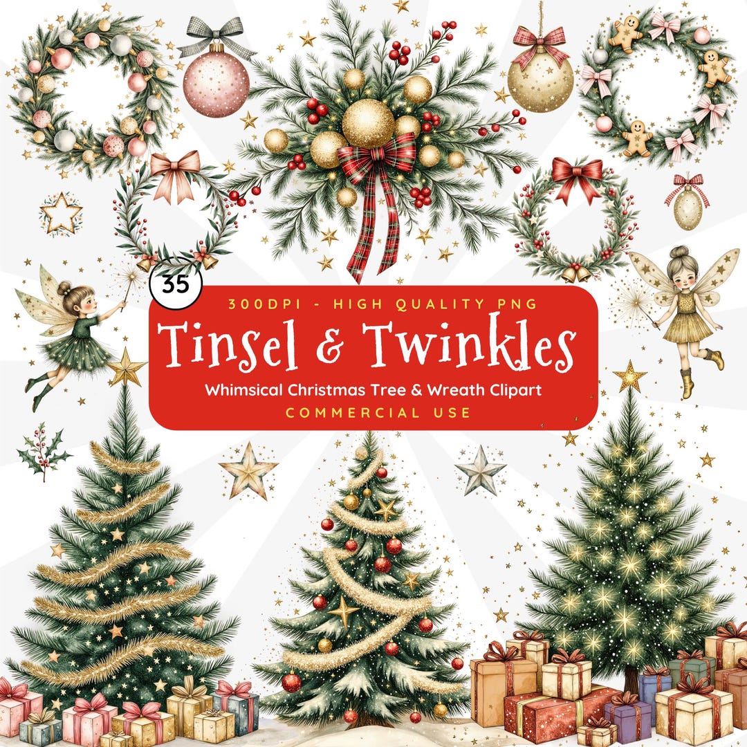 Christmas Tree Clipart: Whimsical Pastel Xmas Decorations, Wreaths ...
