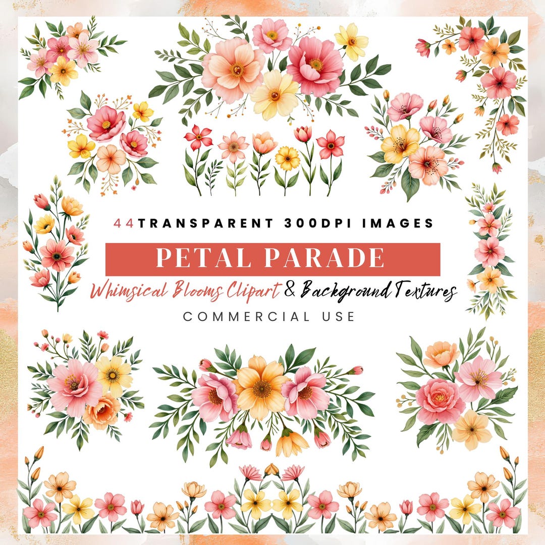 Pastel Floral Clipart: Watercolor Flowers & Textures (PNG, JPG Digital ...