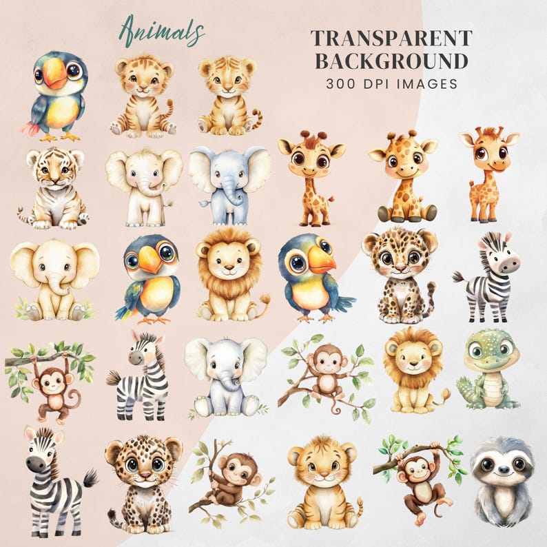 Jungle Animals Clipart: Watercolour Safari Nursery Art (PNG Digital ...