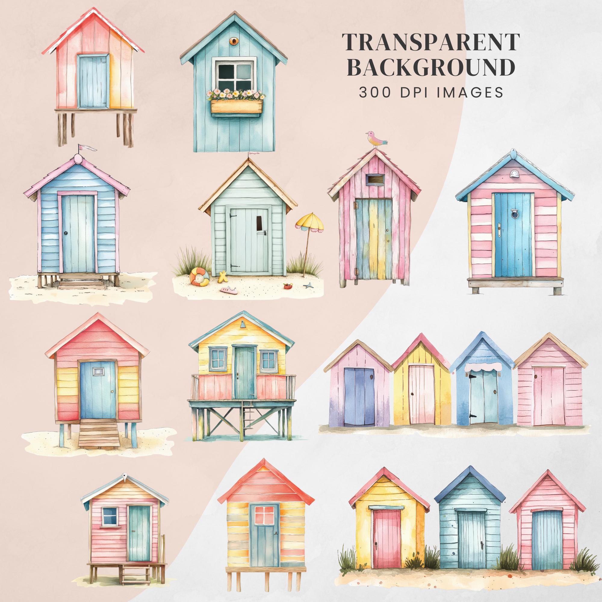 Beach Hut Clipart, Watercolour Images, Seaside Beach Huts, 300 DPI ...