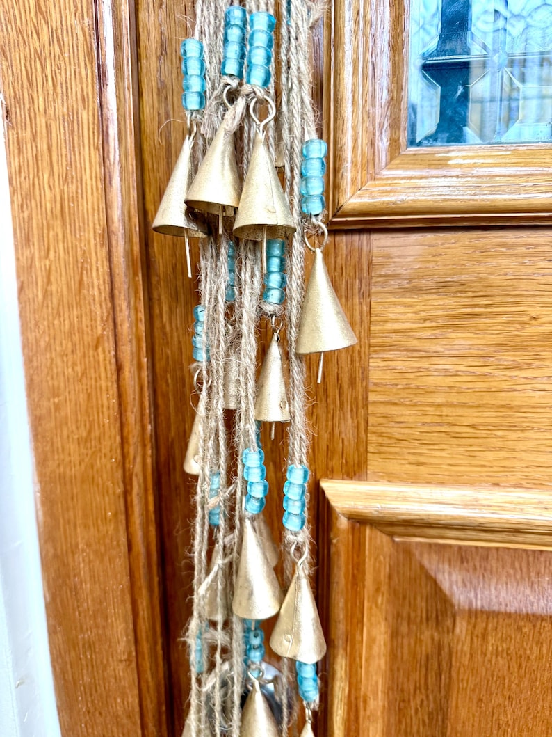 6 Cone Bells on String With Blue Glass Beads, Rustic Windchime,handmade ...
