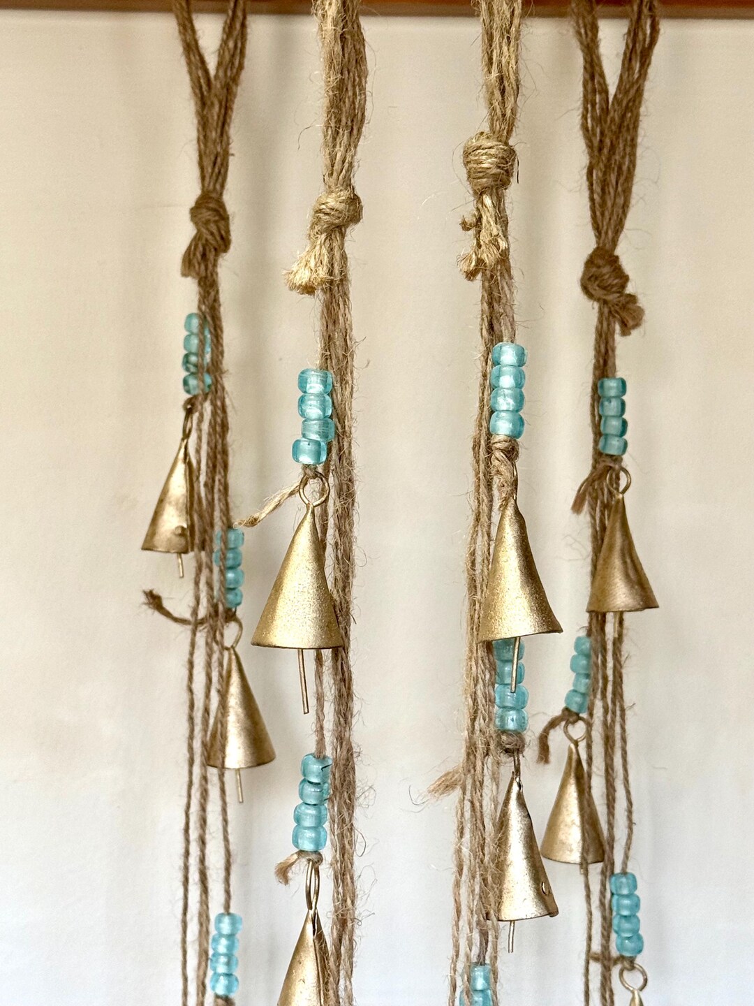 6 Cone Bells on String With Blue Glass Beads, Rustic Windchime,handmade ...