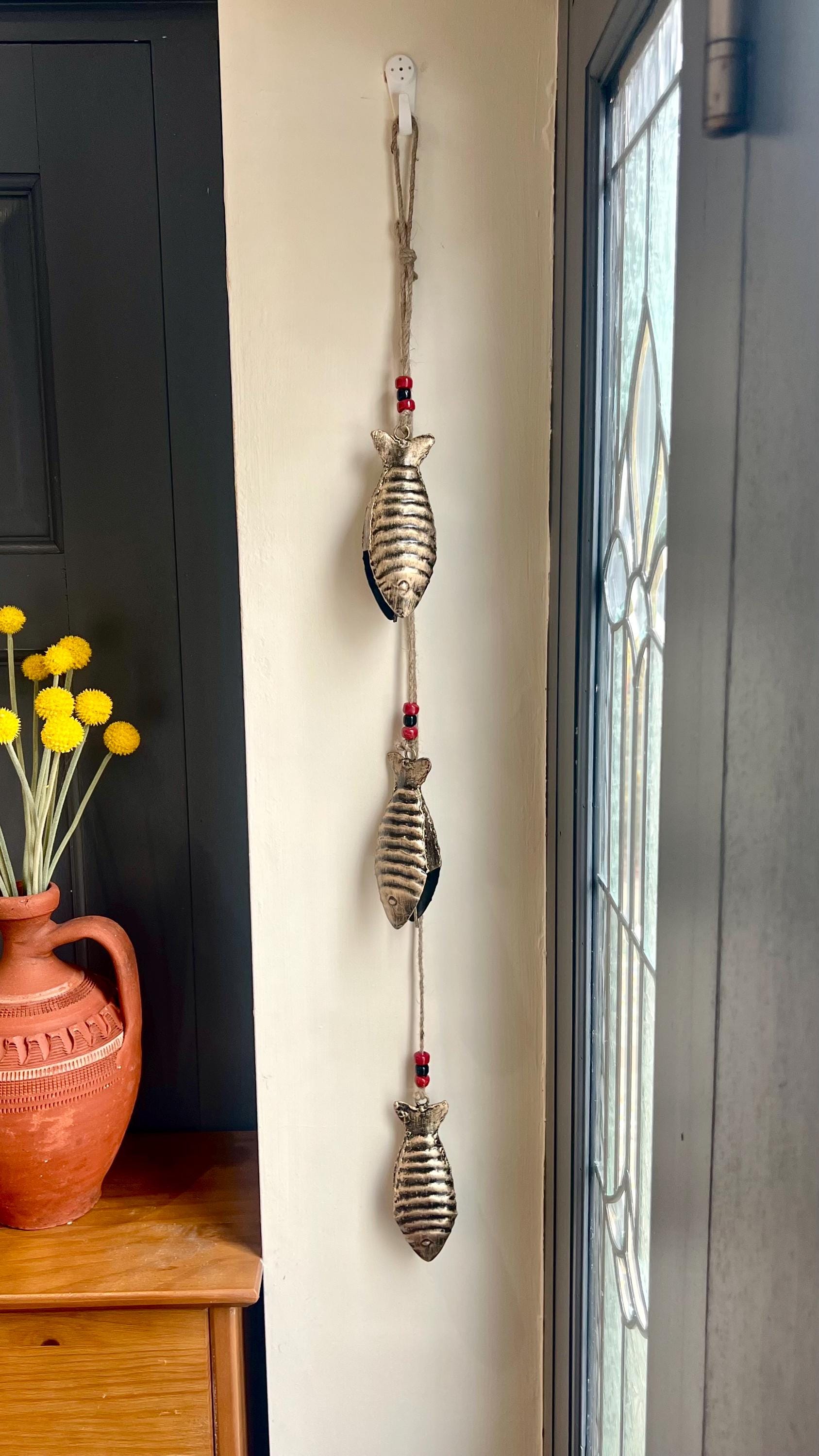 Recycled Iron Fish Bells With Beads on Jute Rope Handmade 3 Fish Bell ...