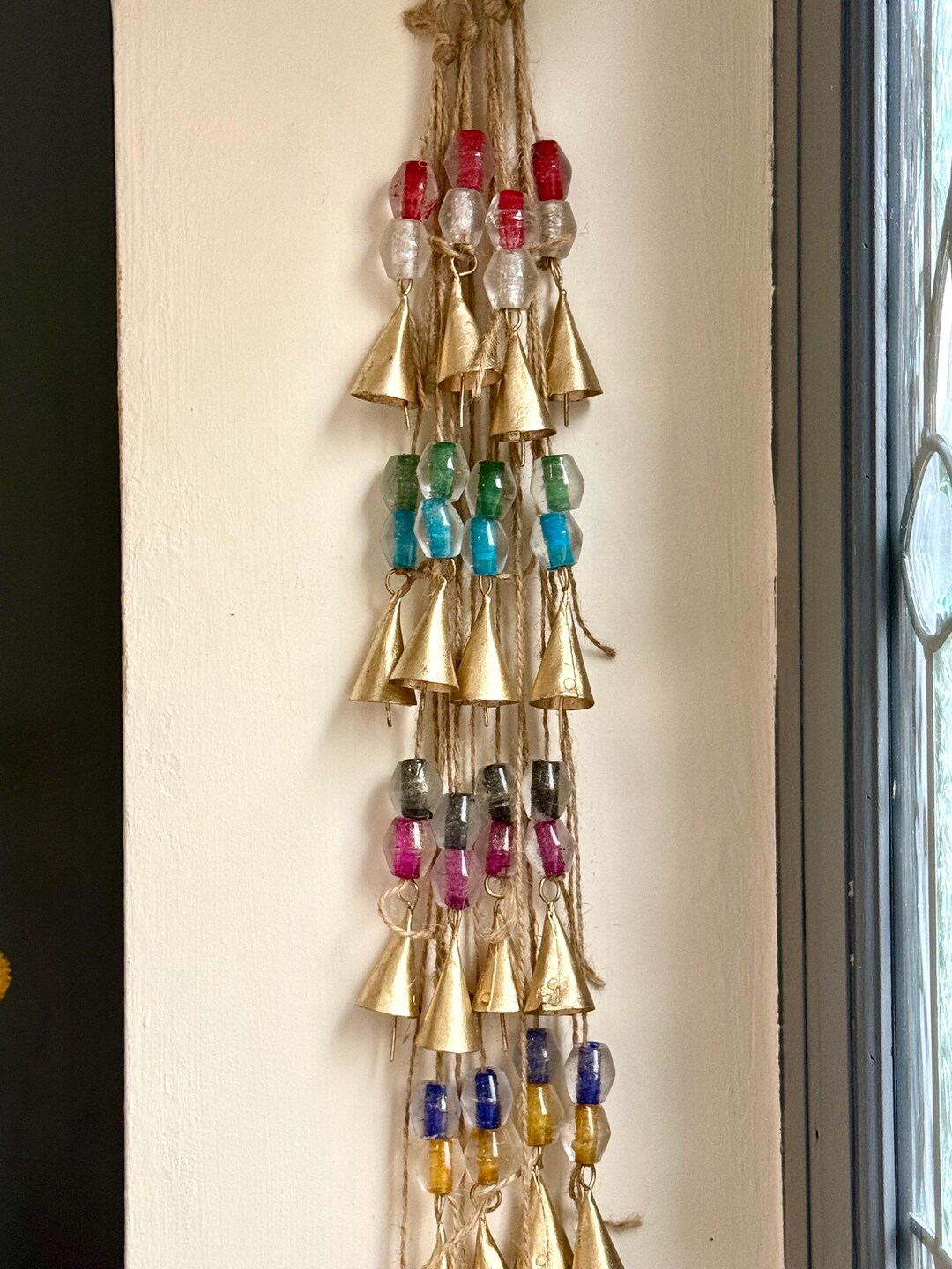 Rustic Bells on String Windchime With Glass Beads Boho Wall Hanging ...