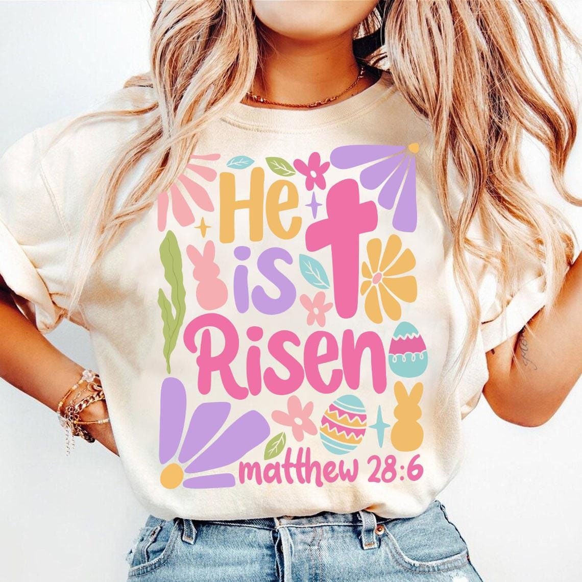 Boho He is Risen PNG, Matthew 28:6, Easter Christian Bible Verse, Retro ...