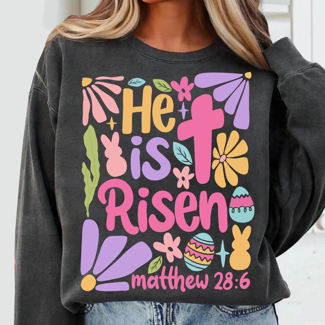 Boho He is Risen PNG, Matthew 28:6, Easter Christian Bible Verse, Retro ...
