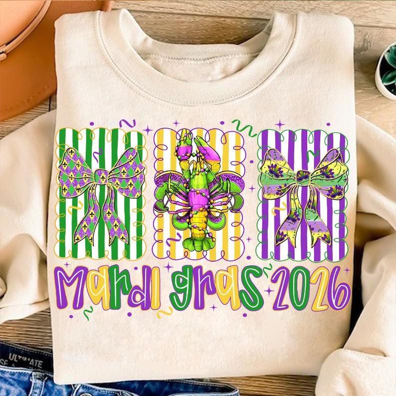 Preppy Mardi Gras 2026 PNG, Crawfish Coquette Bow Carnival Design ...