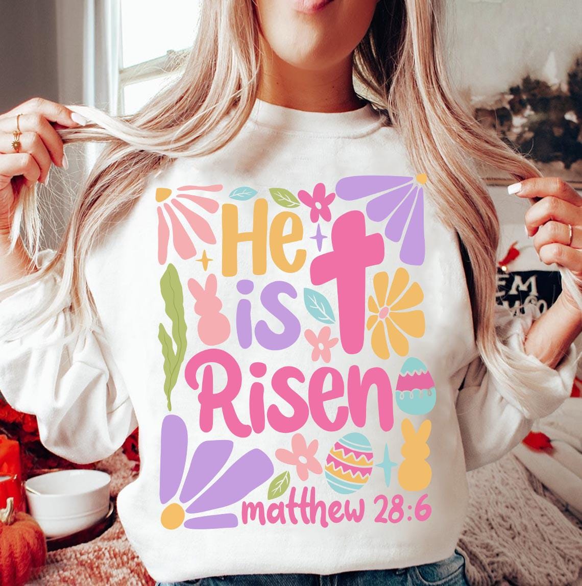 Boho He is Risen PNG, Matthew 28:6, Easter Christian Bible Verse, Retro ...