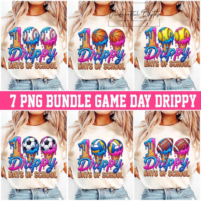 100 Drippy Days of School PNG Bundle, Game Day Style Design, Kids 100th ...