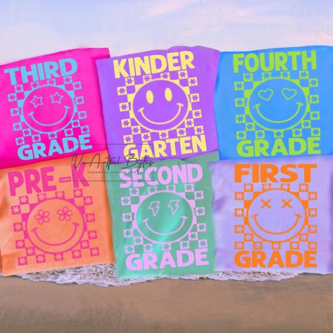 Retro Smiley Back to School PNG Bundle, Neon Distressed Hello Pre-k to ...