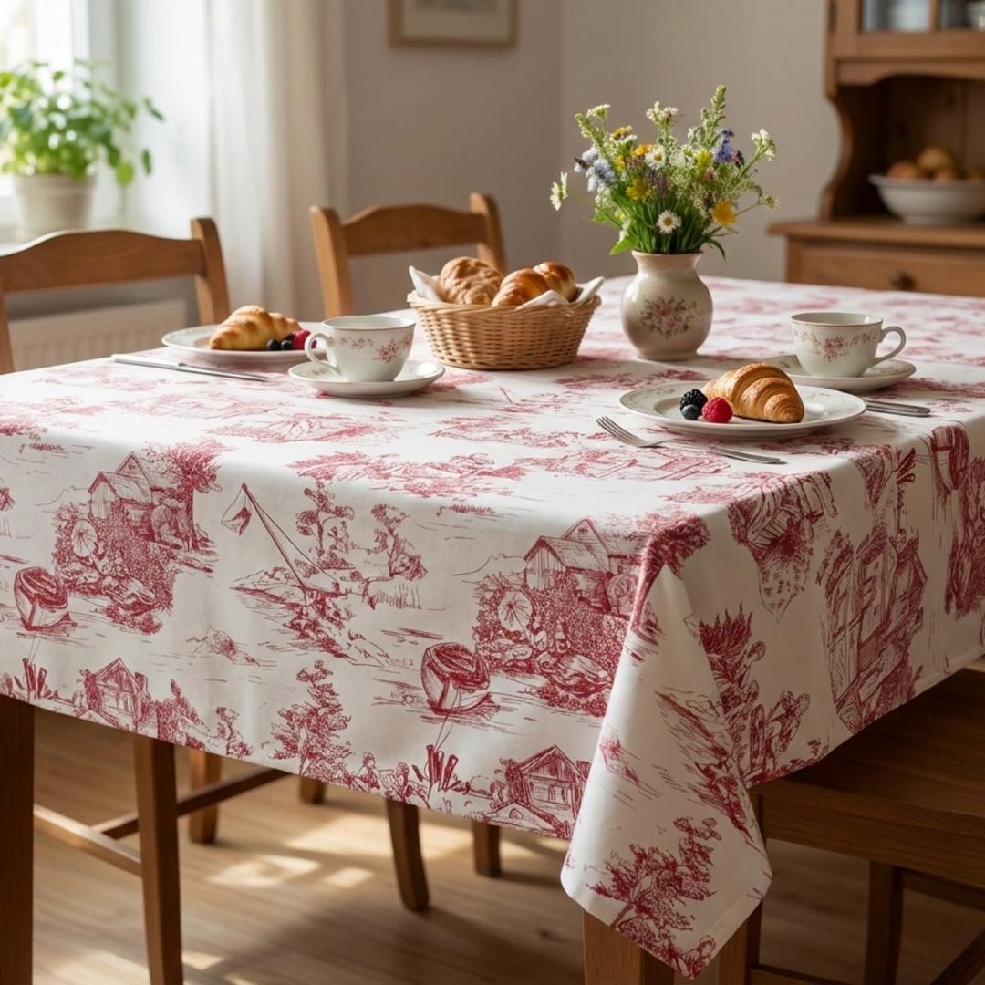 Red Toile Tablecloth, French Country Farmhouse Table Cover, Vintage ...