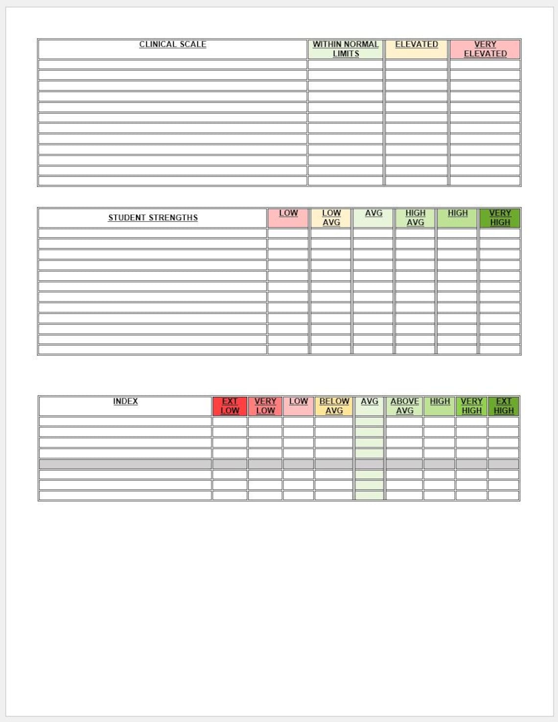 Editable Colorful Tables for Reports of Various Types of Assessments ...