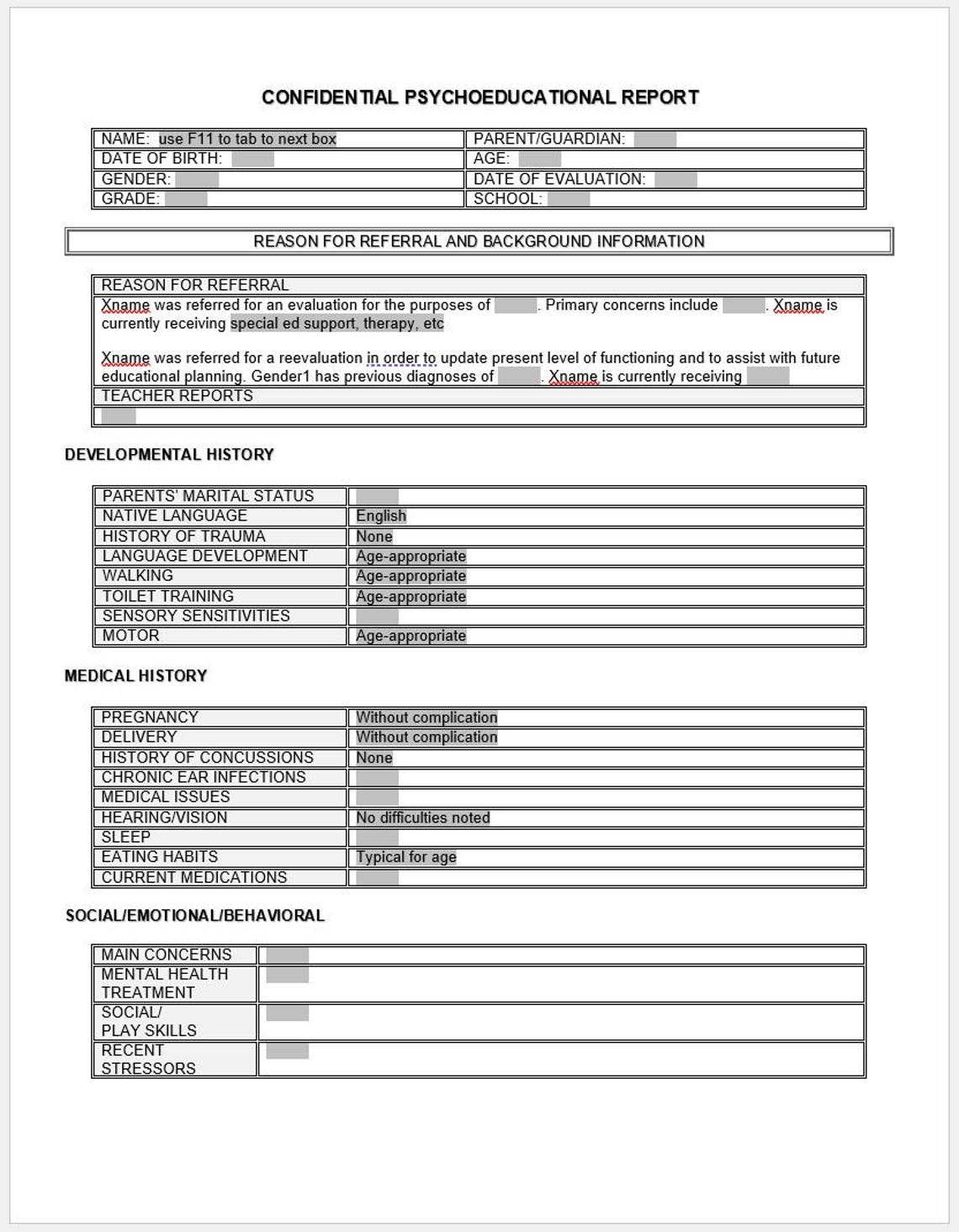 Complete Psychoeducational Assessment / Testing Report Template / Shell ...