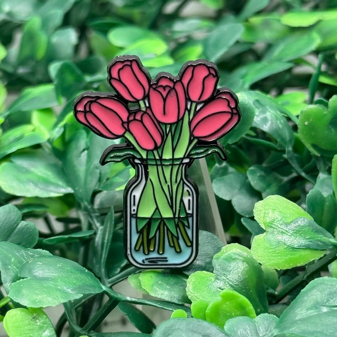 Pink Tulip Bouquet Enamel Pin – Floral Pin in Jar for Gardeners, Plant ...