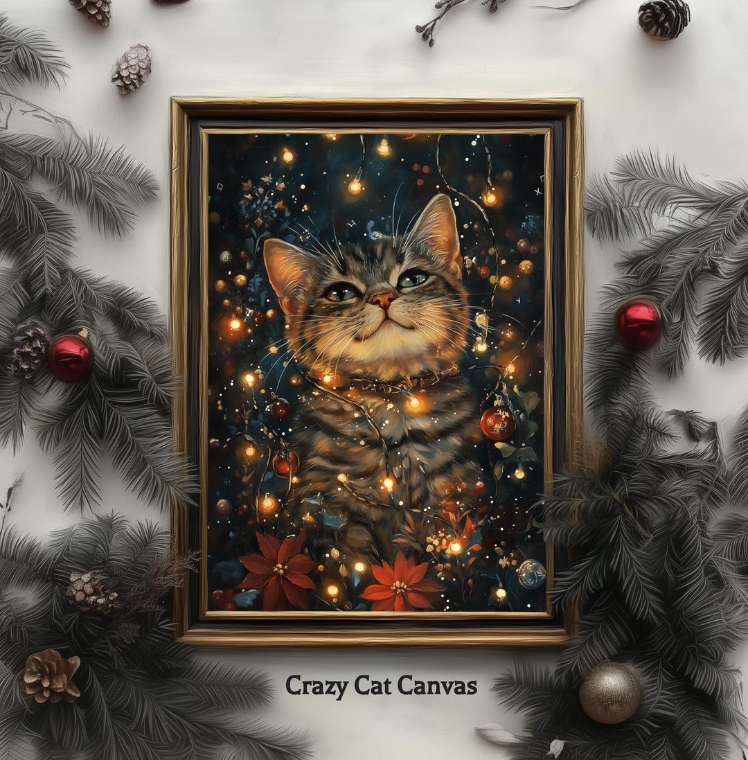Cute Tabby Cat With Lights and Poinsettias | Christmas Cat Digital Art ...