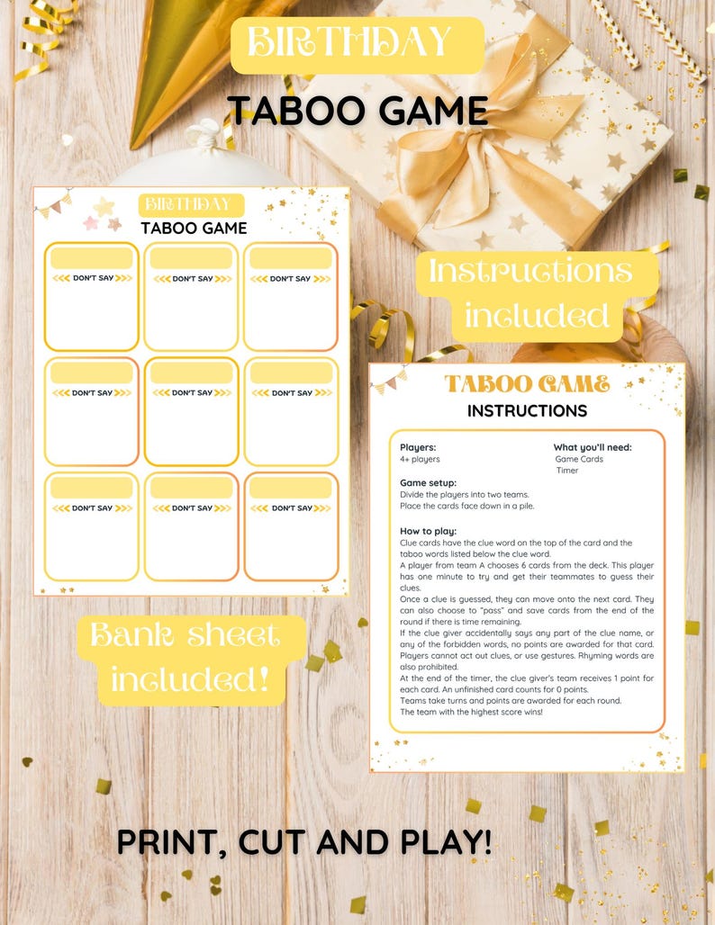 Birthday Taboo Game, Forbidden Words Game, Taboo Cards Printable, Family Game, Group Game - Etsy