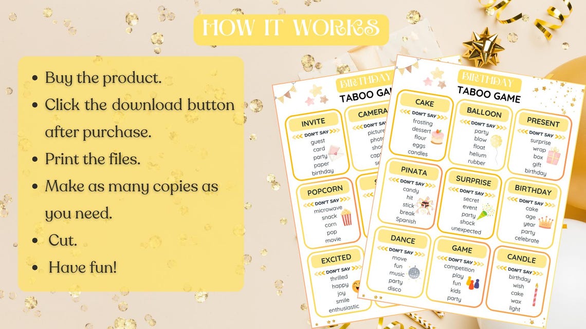 Birthday Taboo Game, Forbidden Words Game, Taboo Cards Printable ...