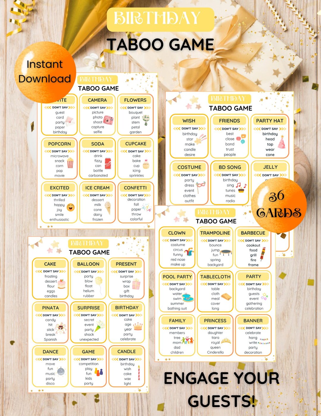 Birthday Taboo Game, Forbidden Words Game, Taboo Cards Printable ...