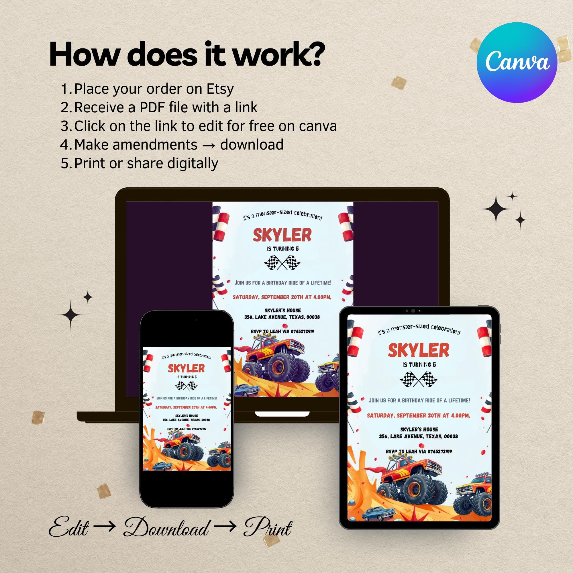 Monster Truck Birthday Invitation, Editable Digital Evite, Boys Off ...