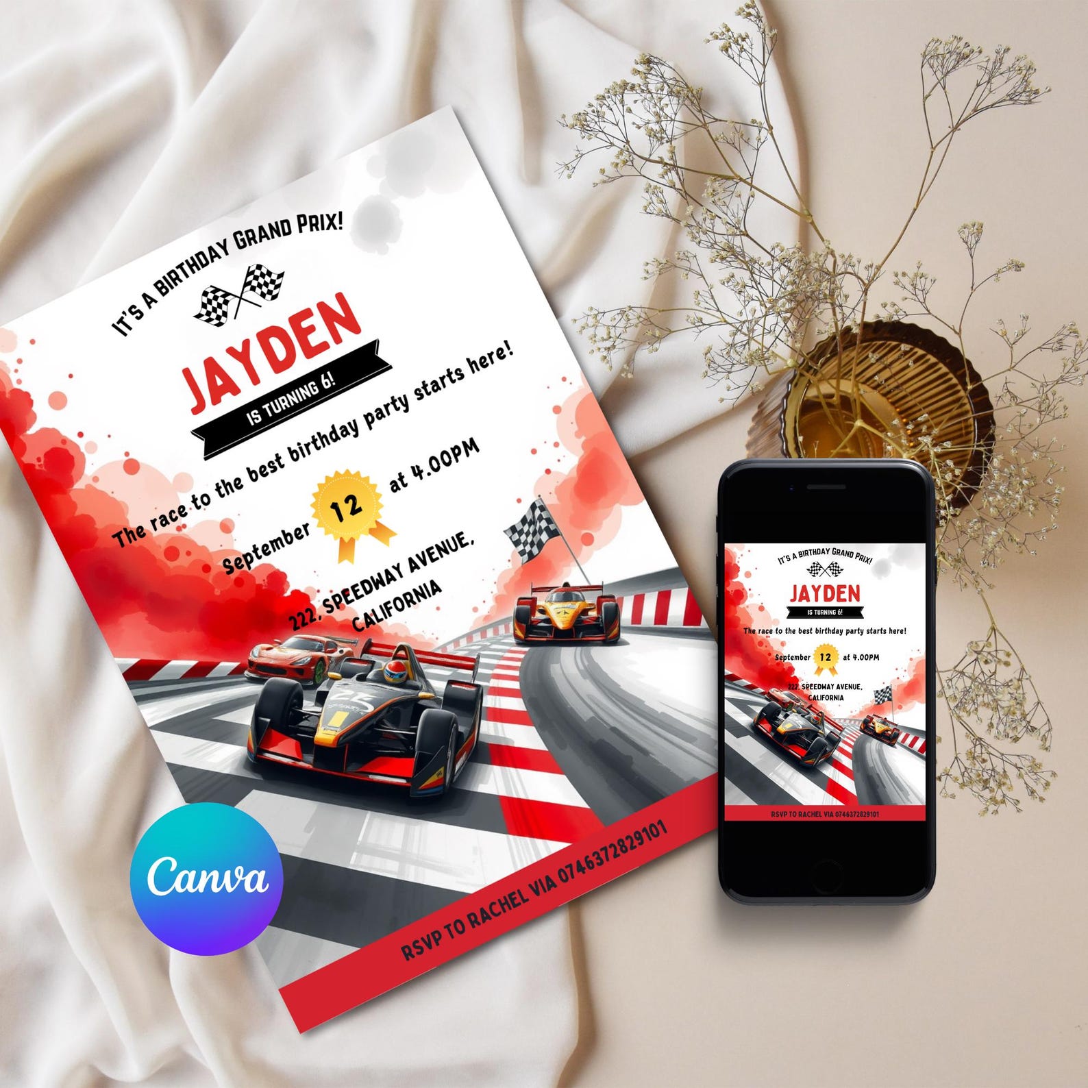 Race Car Birthday Invitation, Editable Grand Prix Evite, Digital Racing ...