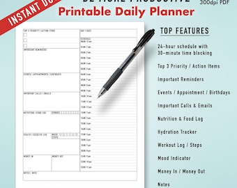Weekly and Daily Planner, Printable, Hourly, Priorities, 24 Hour ...