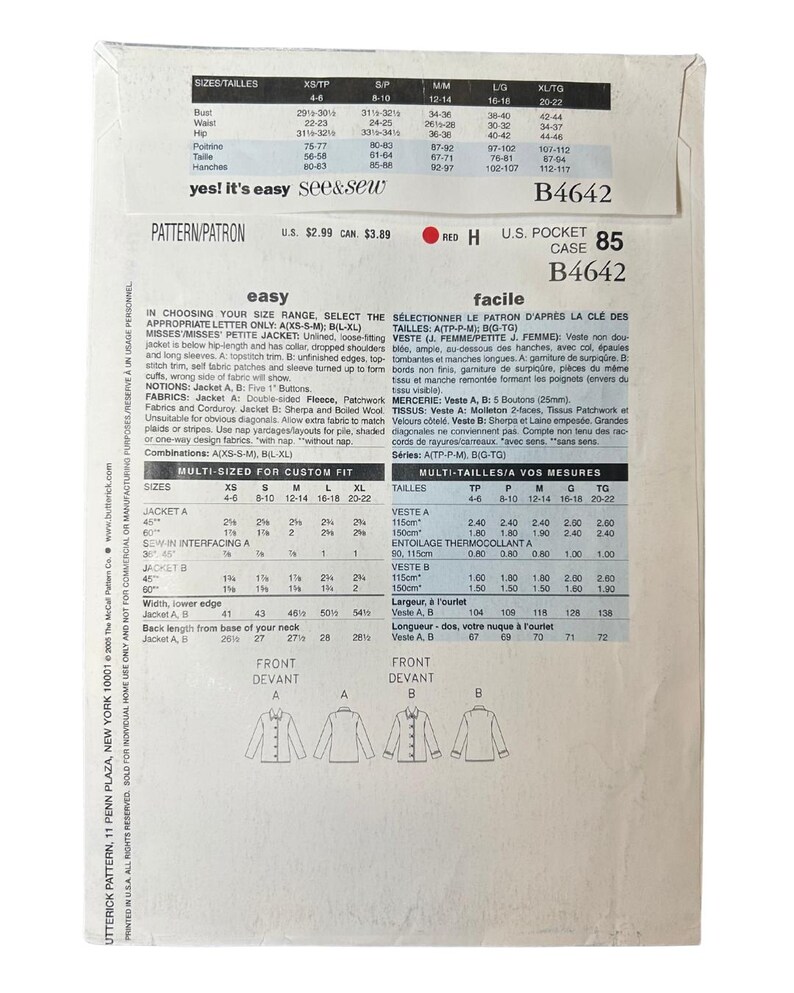 See & Sew Jacket Uncut Sewing Pattern (sizes Large-xlarge) Suitable for ...