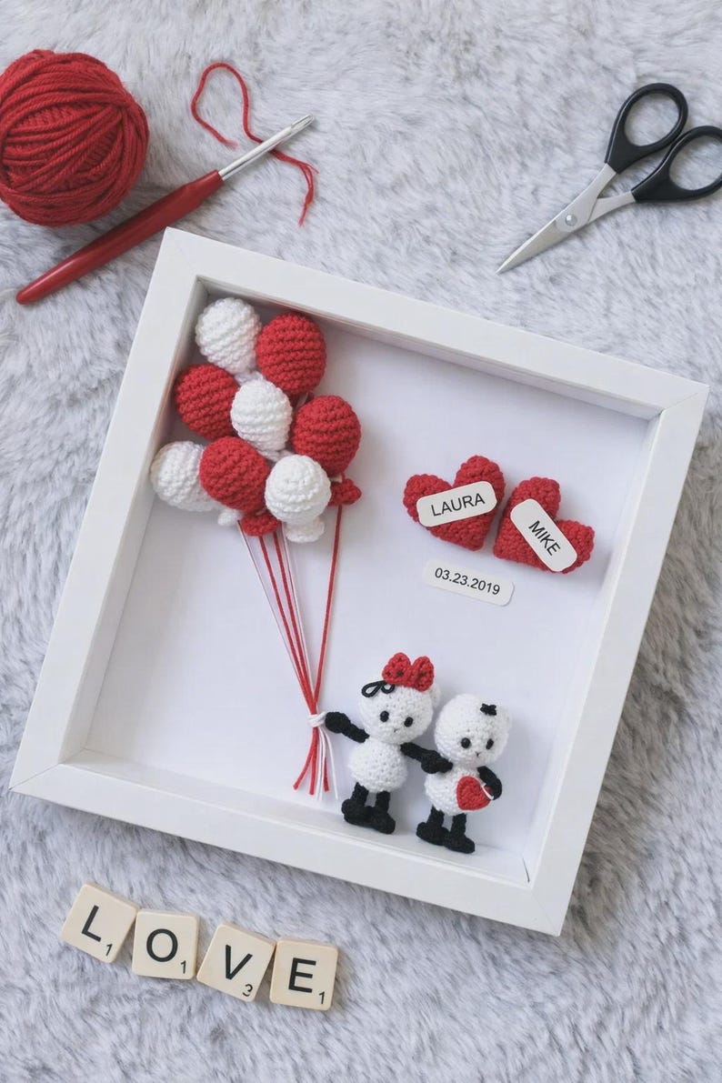 Personalized Crochet Couple Shadow Box, Handmade Anniversary Gift With ...