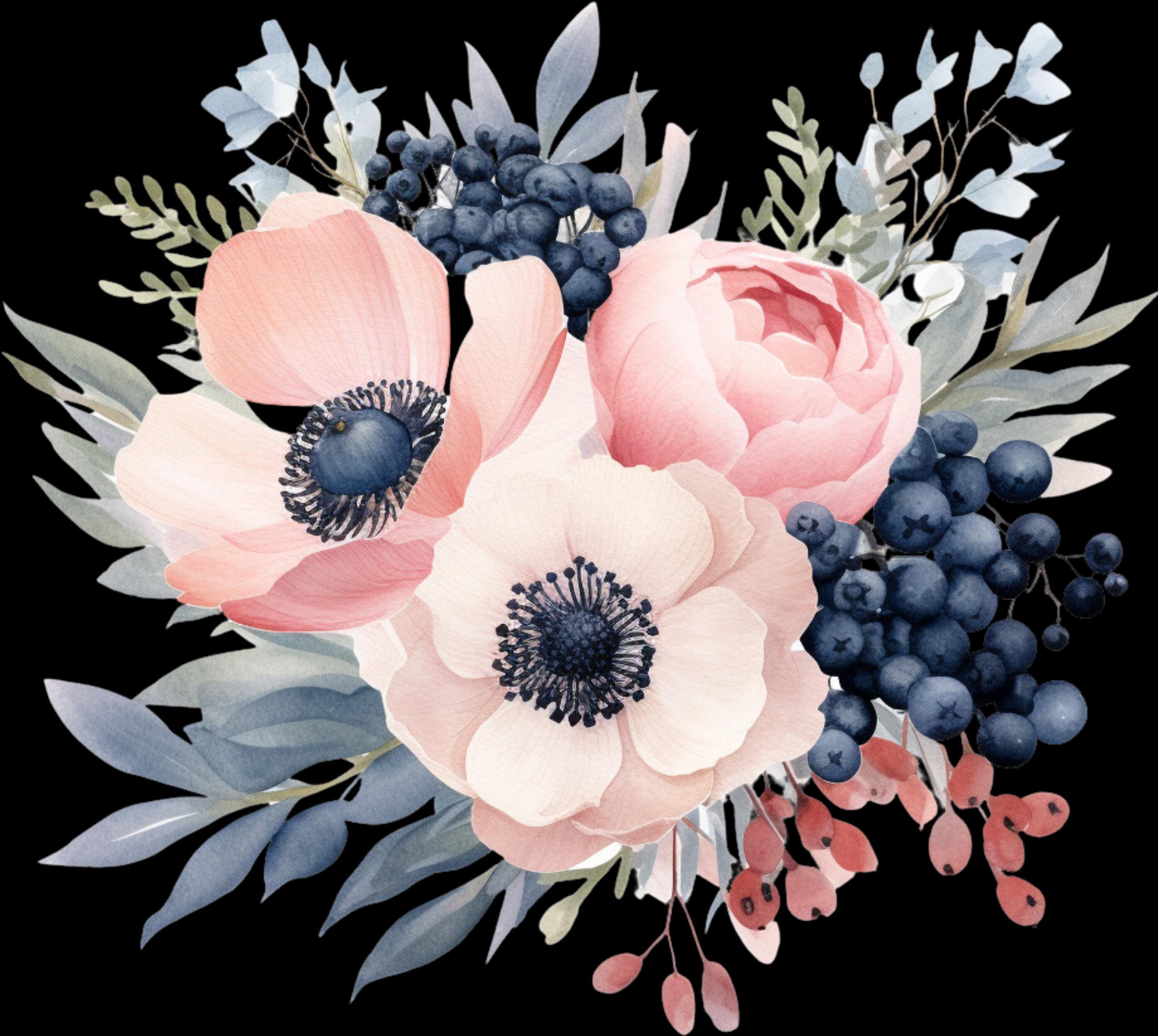 Blue and Pink Watercolor Flower PNG | Floral Graphics Wedding ...