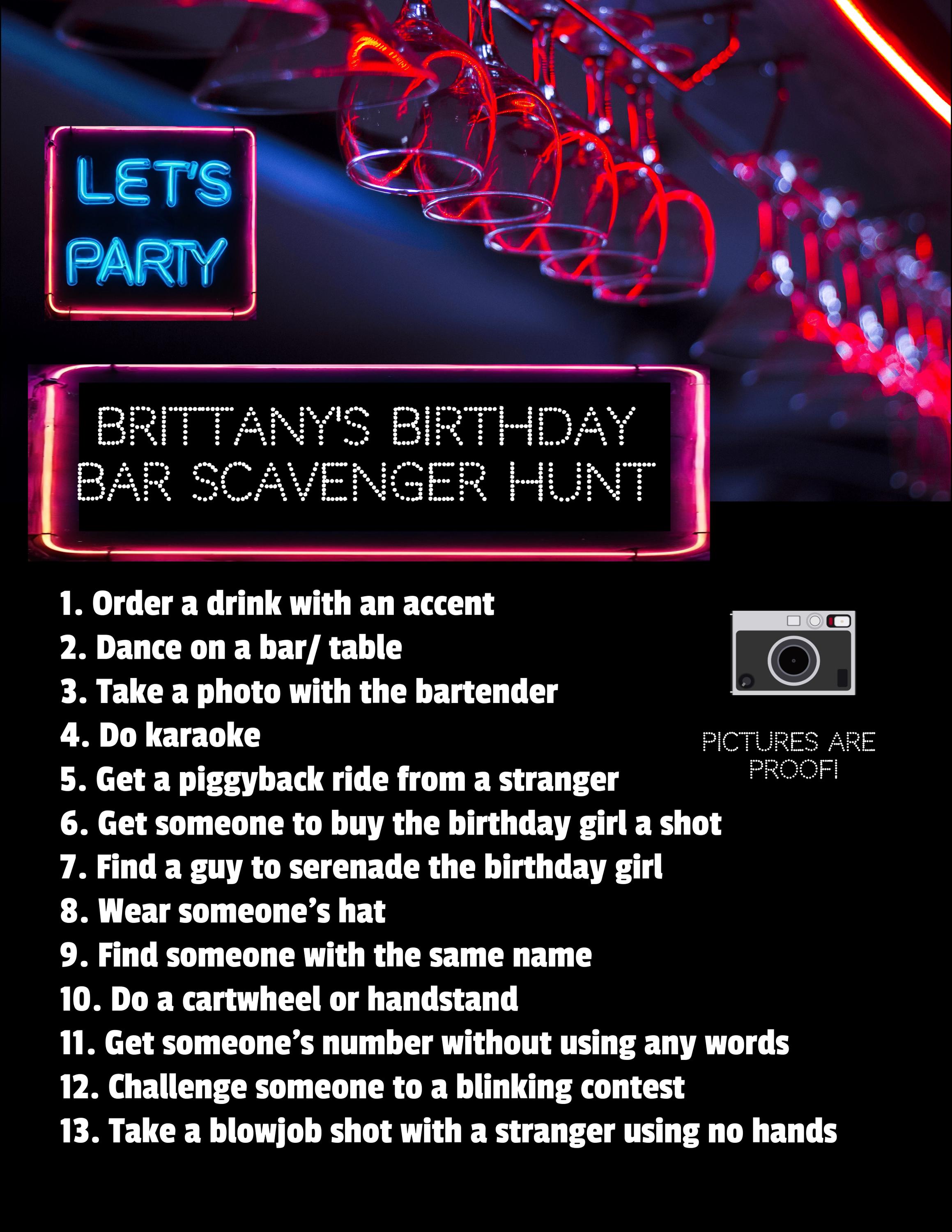 Printable Birthday Bar Scavenger Hunt, 21st Birthday Game, Bar Games ...