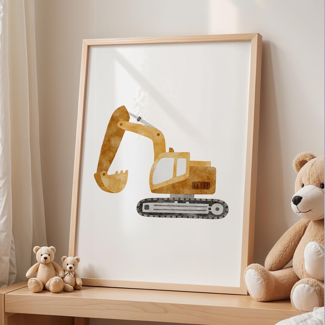 Watercolor Excavator Digital Poster: Construction Vehicle Art for Kids ...