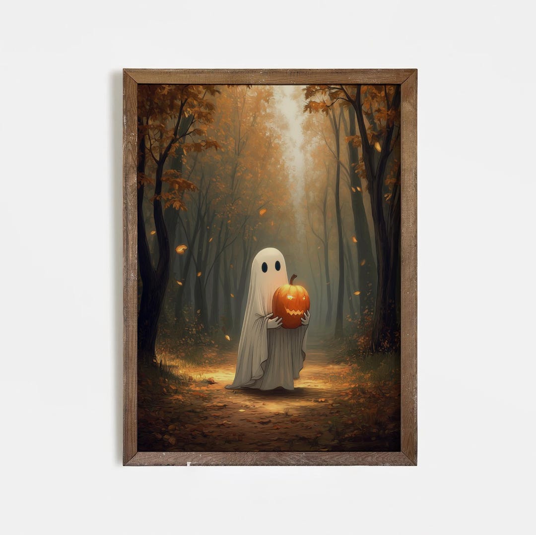 Cute Ghost With Pumpkin Art Print, Spooky Halloween Wall Decor, Autumn ...