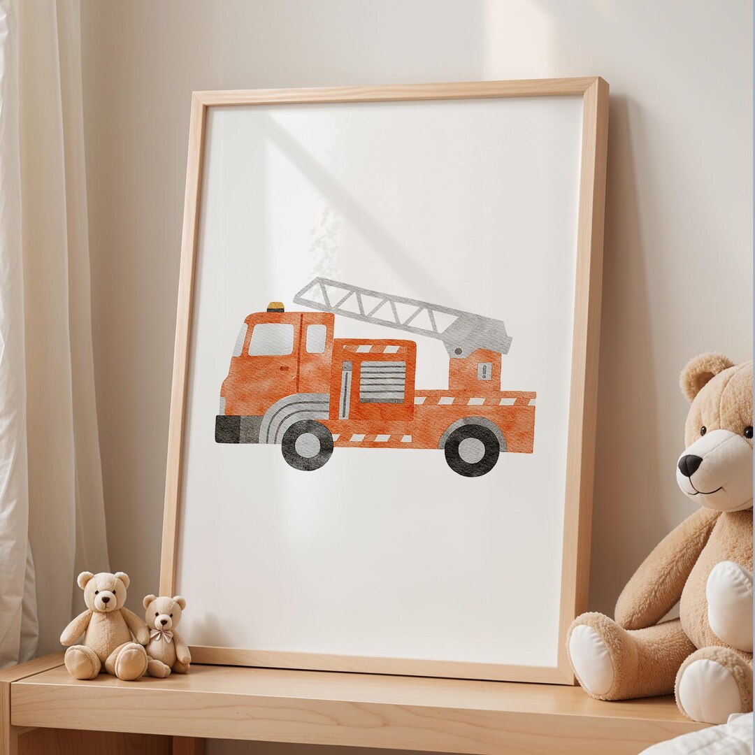 Watercolor Fire Truck Printable Poster - Firefighter Themed Kids Room ...