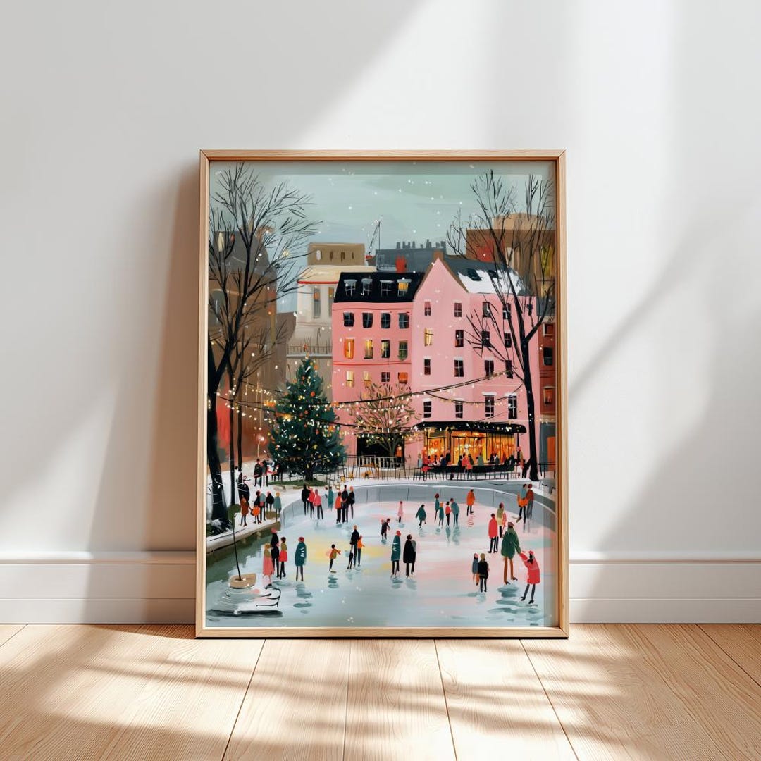 Christmas City Ice Skating Print, Festive Winter Scene (digital ...