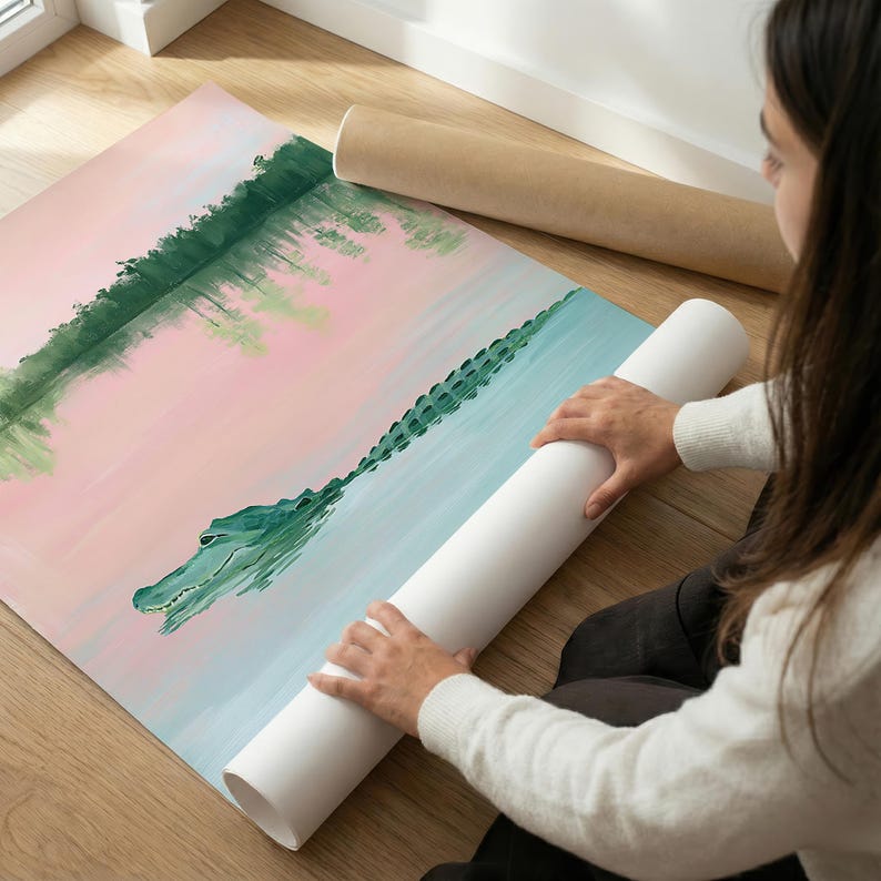 Whimsical Alligator Wall Art, Pastel Pink Lake Painting Print (digital ...