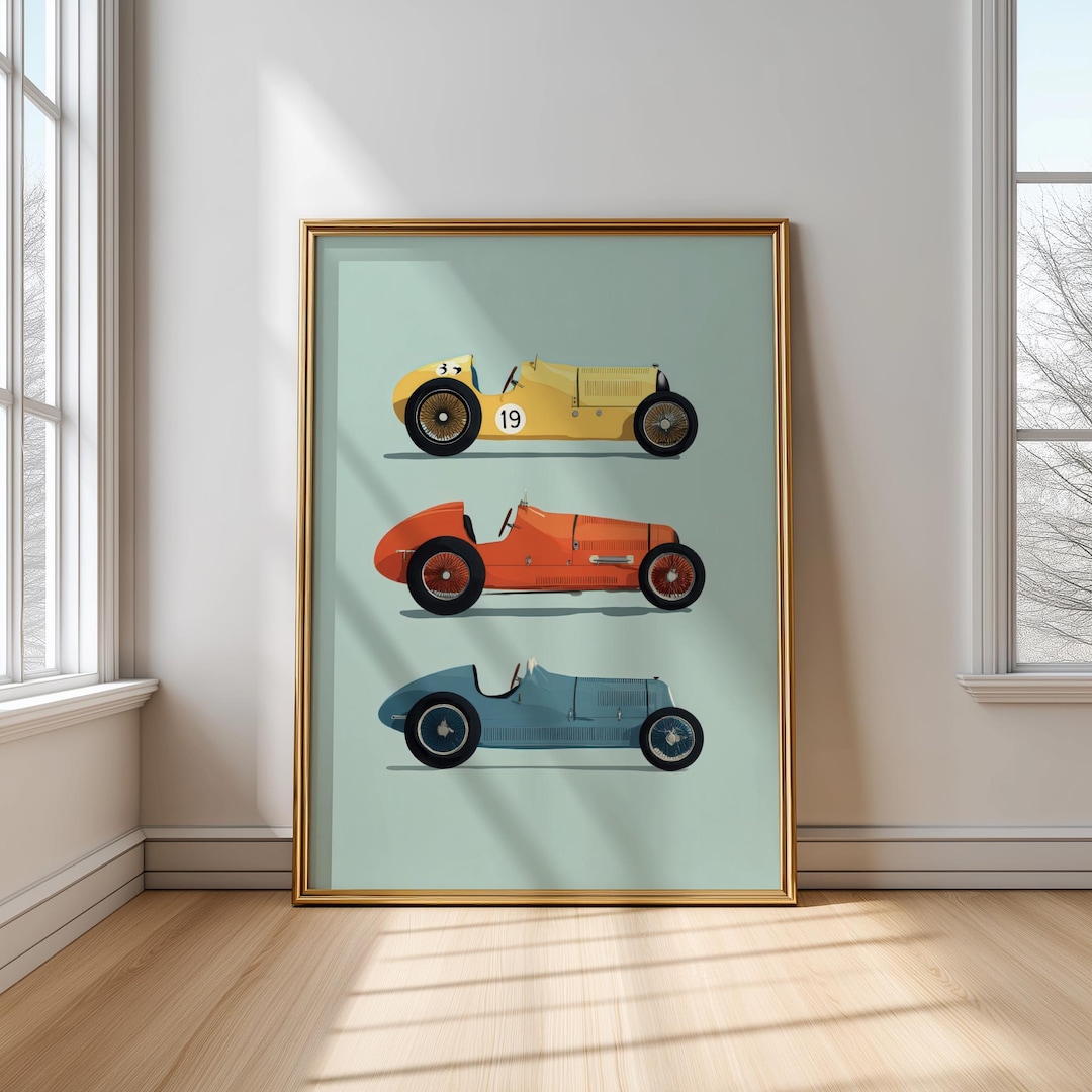 Vintage Race Car Wall Art Print – Retro Classic Cars Illustration ...