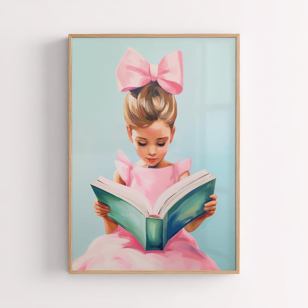 Brunette Girl Reading Art Print: Pastel Book Nook, Preppy Room Decor ...