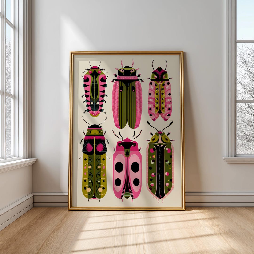Colorful Beetle Poster for Kids, Modern Bug Wall Art, Pink and Green ...